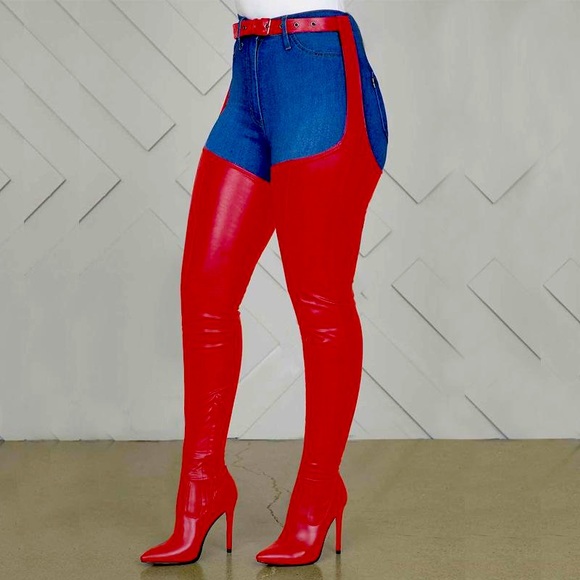 kizziz shoenique | Shoes | Thigh High Red Boots With Belt | Poshmark